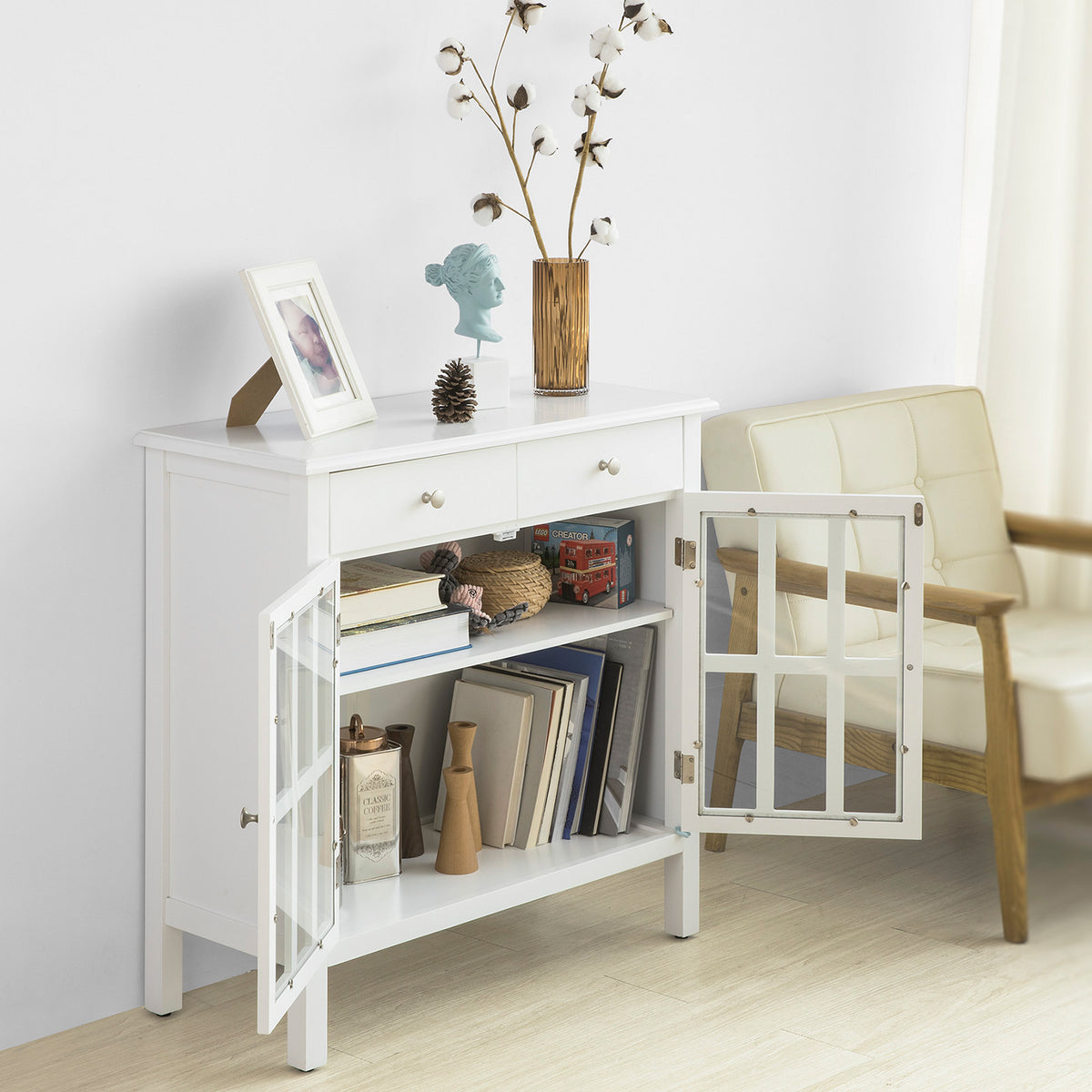 SoBuy FSB23-W, White Sideboard Storage Cabinet Cupboard 2 Drawers 2 Do– SoBuy-UK