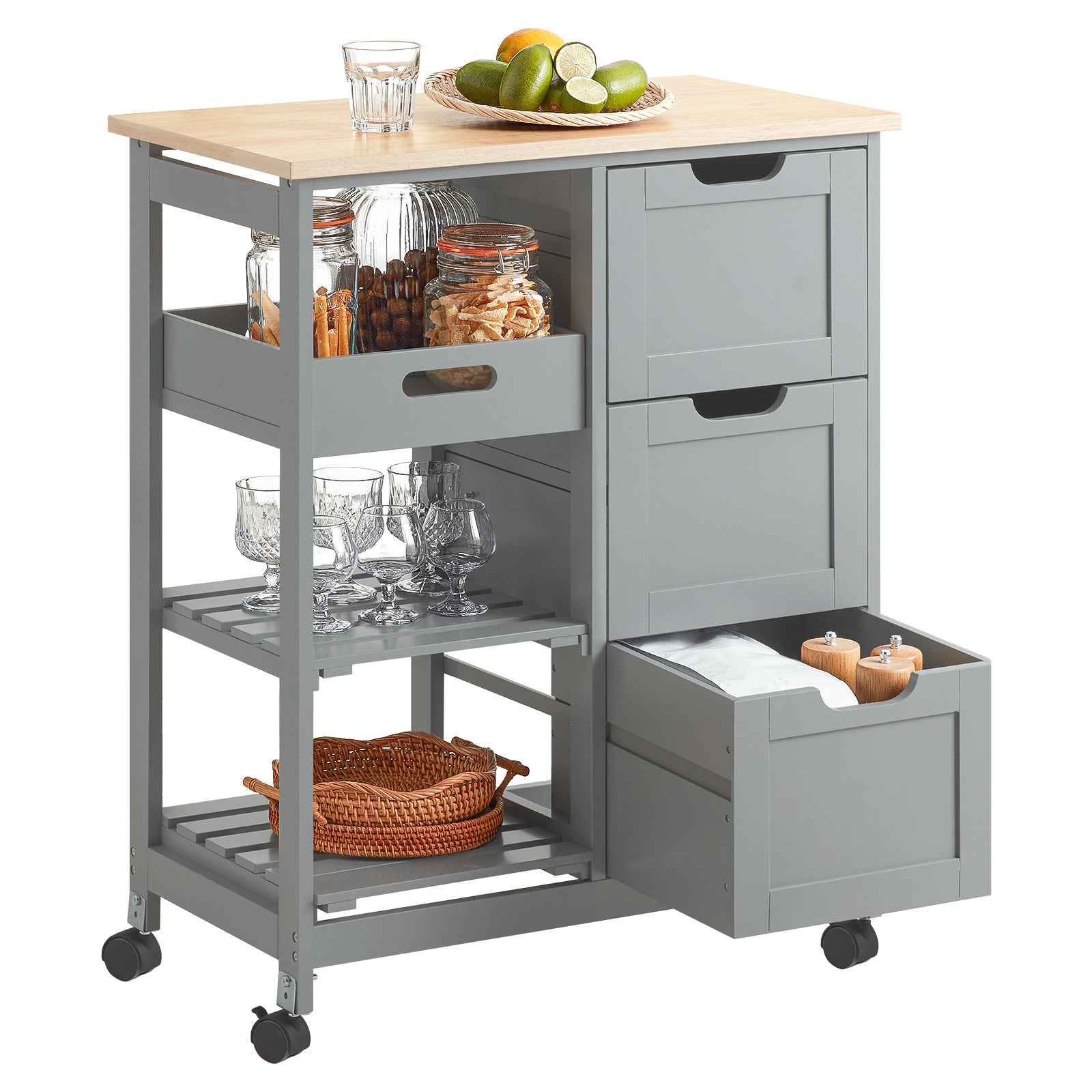 SoBuy FKW79-HG, Kitchen Trolley Cart Storage Serving Trolley with 3 Dr ...