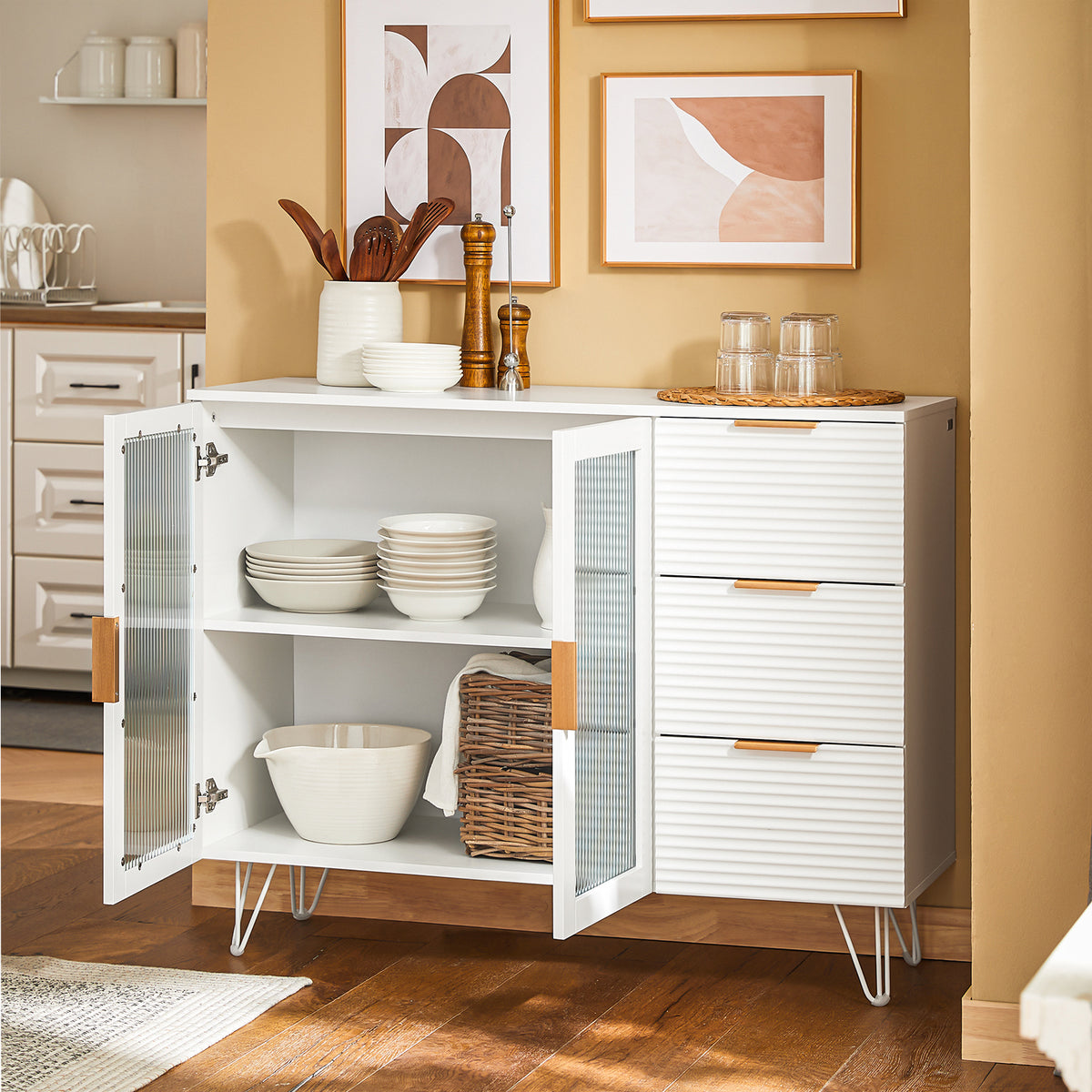 SoBuy FSB86-W, Sideboard with 2 Glass Doors and 3 Drawers, Kitchen Din ...