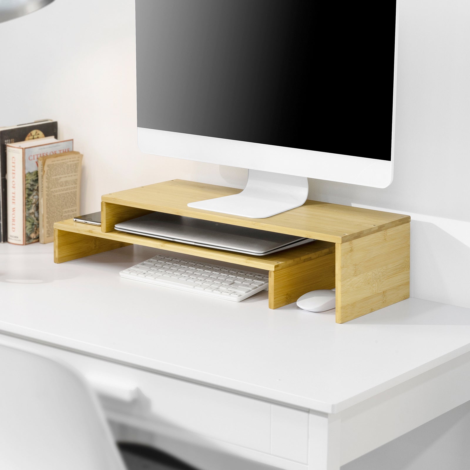 SoBuy BBF07-N, 2 Tiers Bamboo Monitor Stand Computer Screen Monitor Ri ...